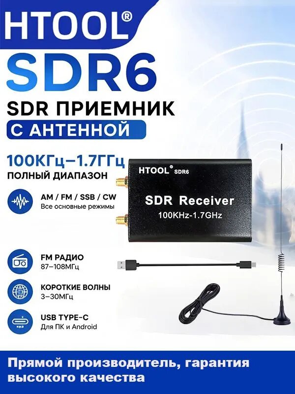 HTOOL SDR6 Портативный SDR Приемник 100КГц1.7ГГц RTL2832U USB Type-C Для Windows Android Широкополосный Радиоприемник С Магнитной Антенной