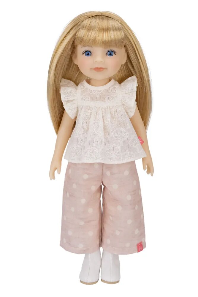 Лиза 12.5" Jolli Buddies-Коллекционная кукла-Светлая кожа + длинные, струящиеся светлые волосы + голубые глаза + кружевная блузка с короткими рукавами + широкие брюки в горошек + ботильоны