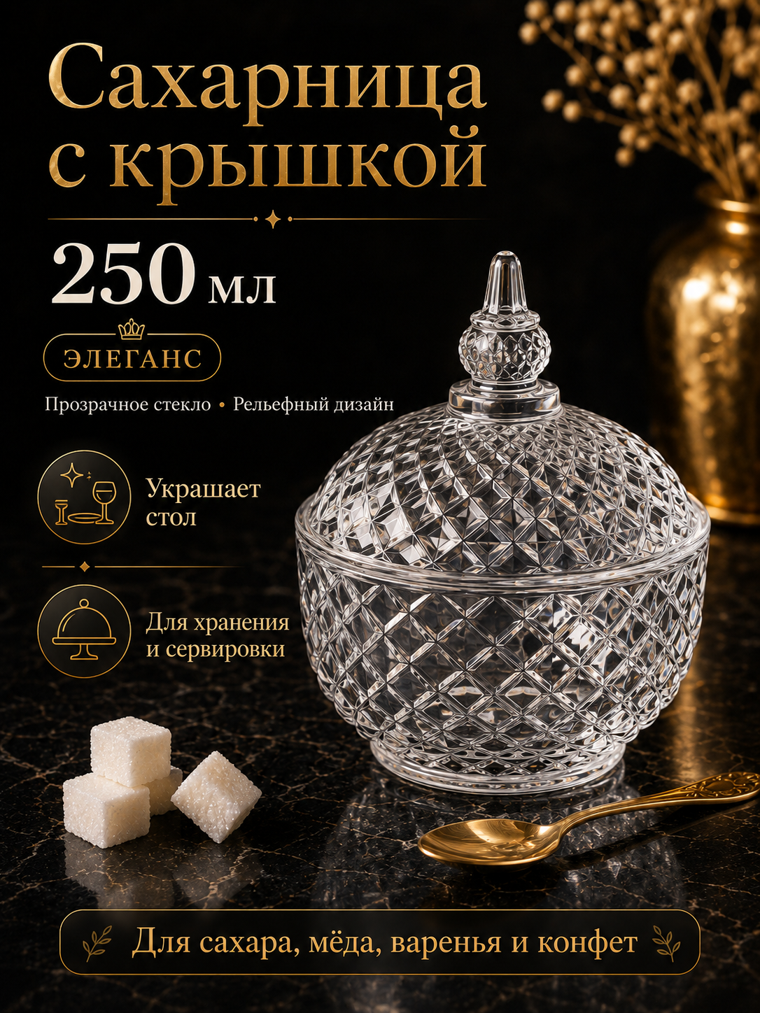 Сахарница с крышкой стеклянная Элеганс, 250 мл прозрачная
