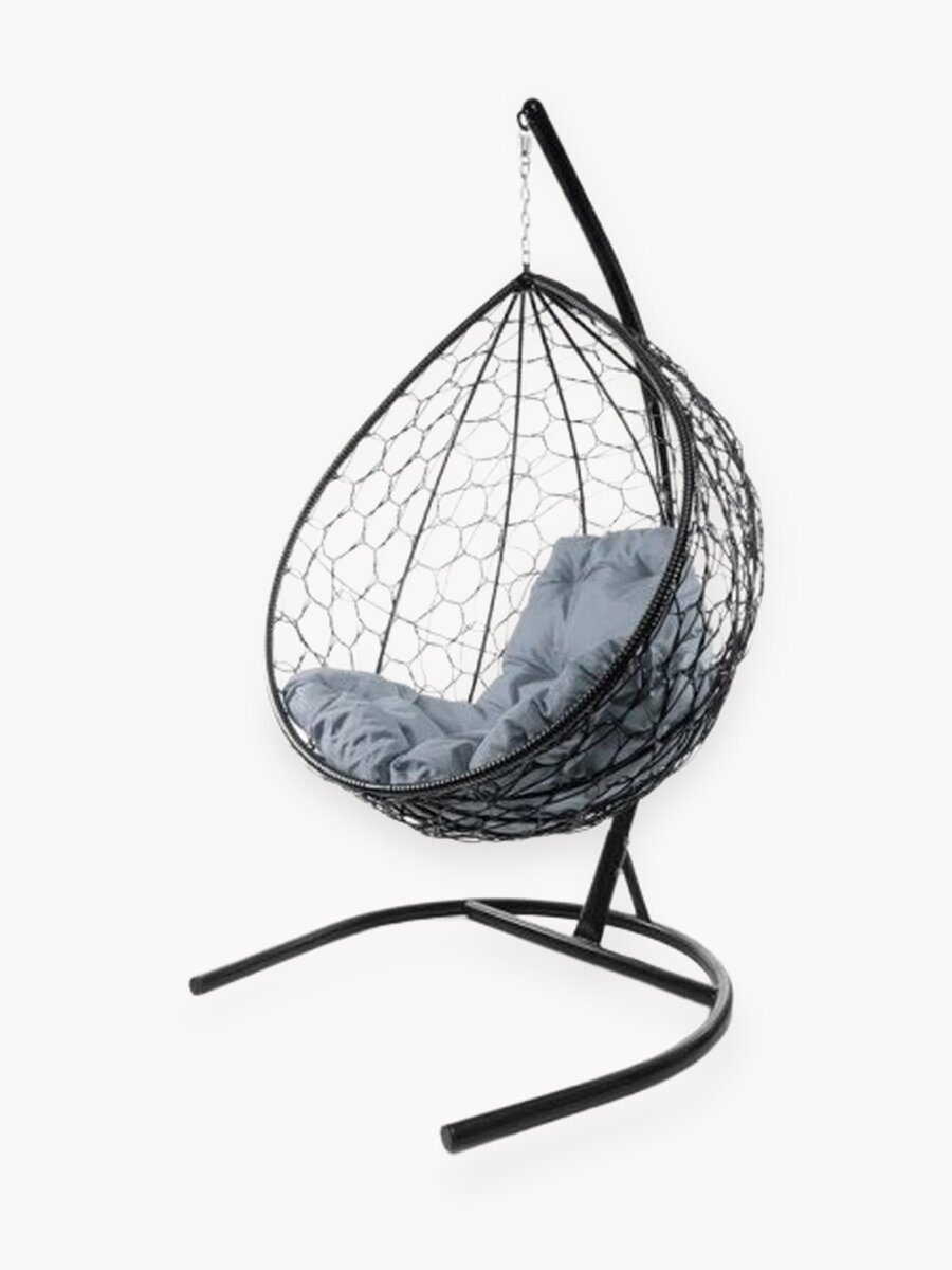 Подвесное кресло кокон M-group капля с ротангом чёрное+серая подушка