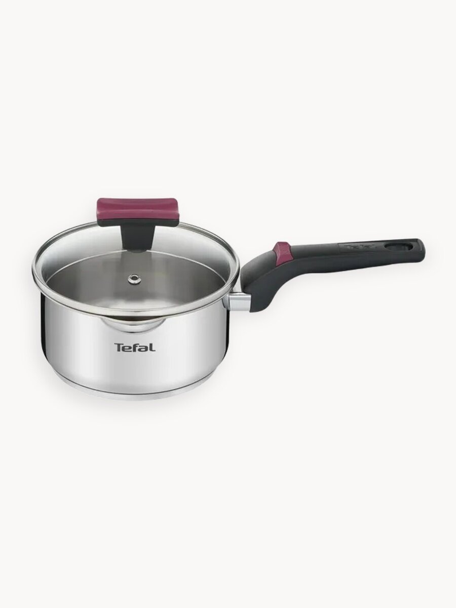 Ковш с крышкой Tefal Cook&Clip 16 см, из нержавеющей стали, с мерной шкалой, со сливными носиками, для газовых, электрических и индукционных плит