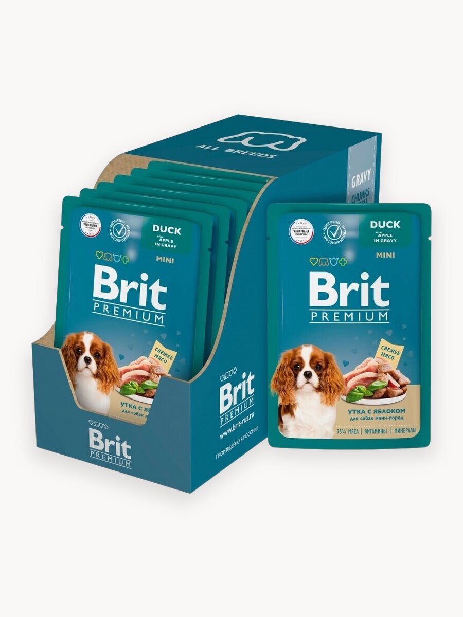 Влажный корм Brit Premium пауч для взрослых собак мини пород (кусочки в соусе) Утка с яблоками, 85 г х 14 шт.