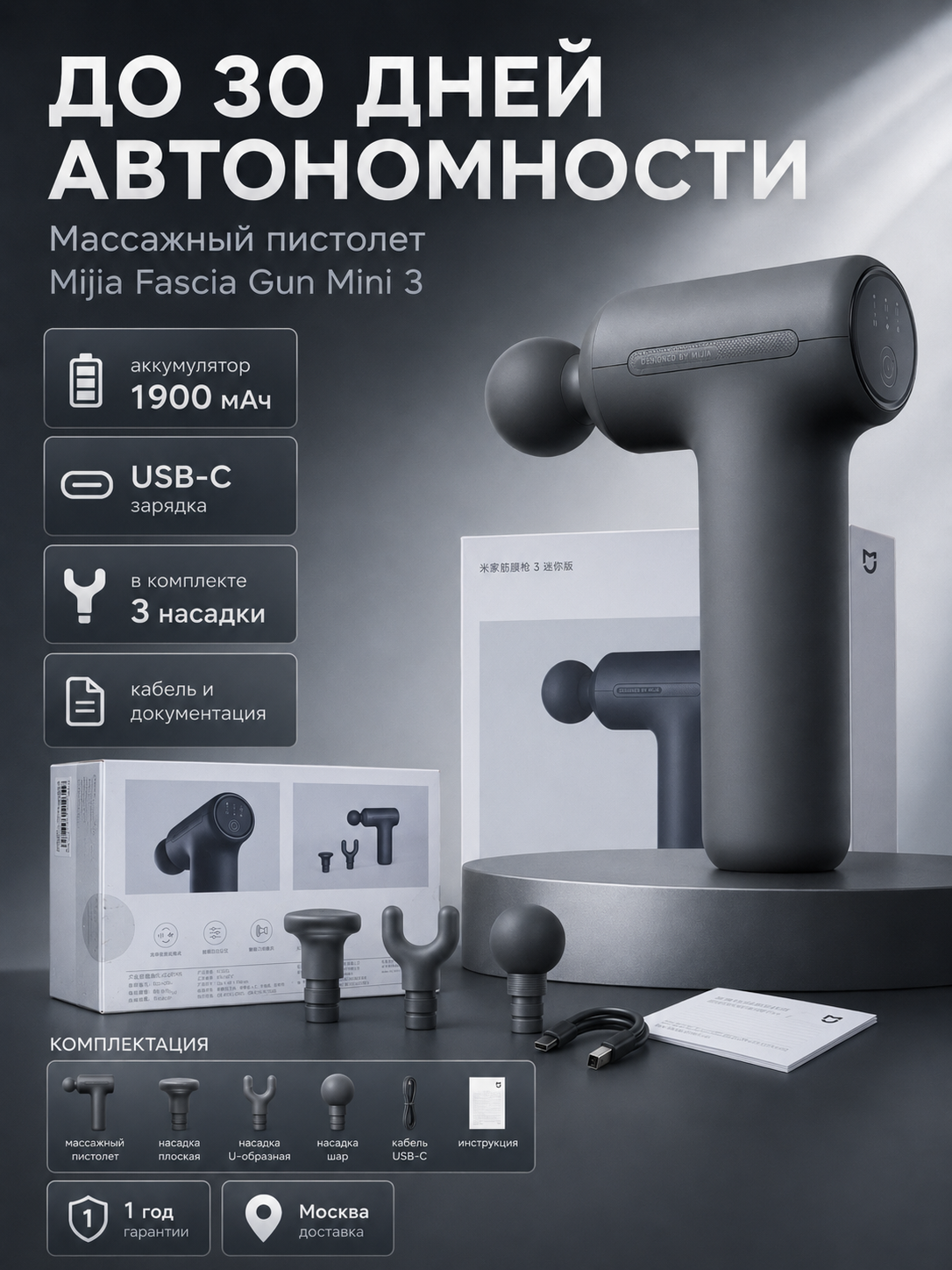 Массажный пистолет Mijia Fascia Gun Mini 3 (MJJMQ07YM), серый