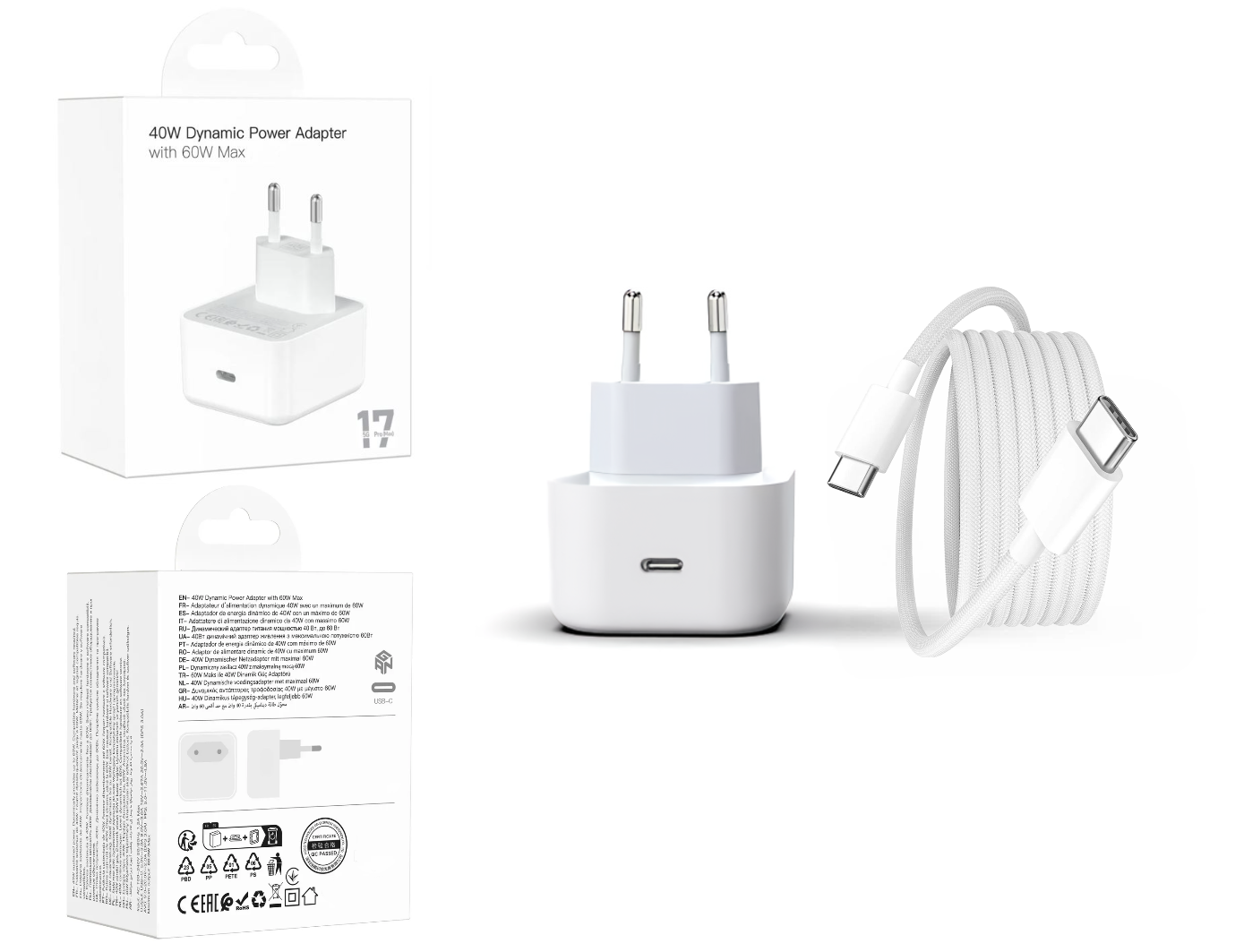 Зарядное устройство 40W Dynamic Power Adapter Witch 60W Max для MacBook, iPad, iPhone с кабелем (USB Type-C-USB Type-C)