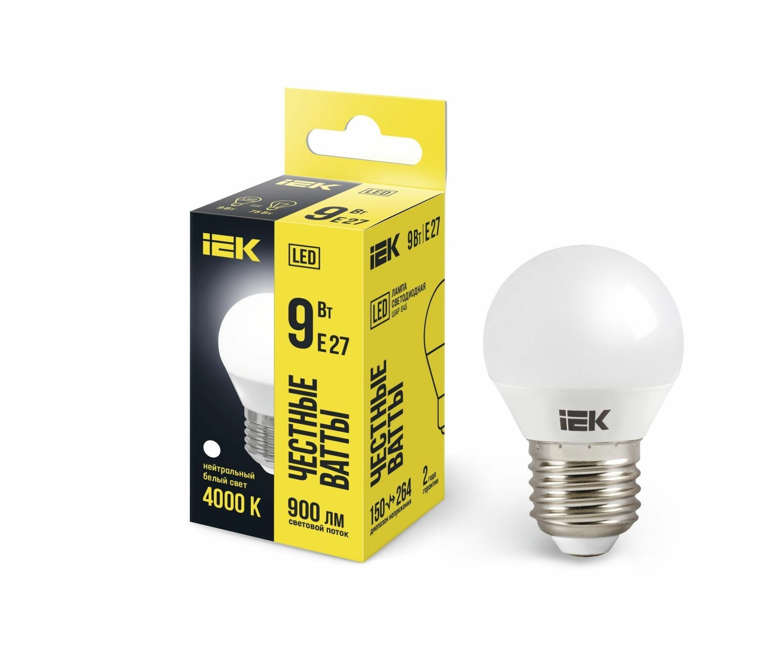 Лампа светодиодная IEK G45, шар, 9 Вт, 230В, 4000К, E27