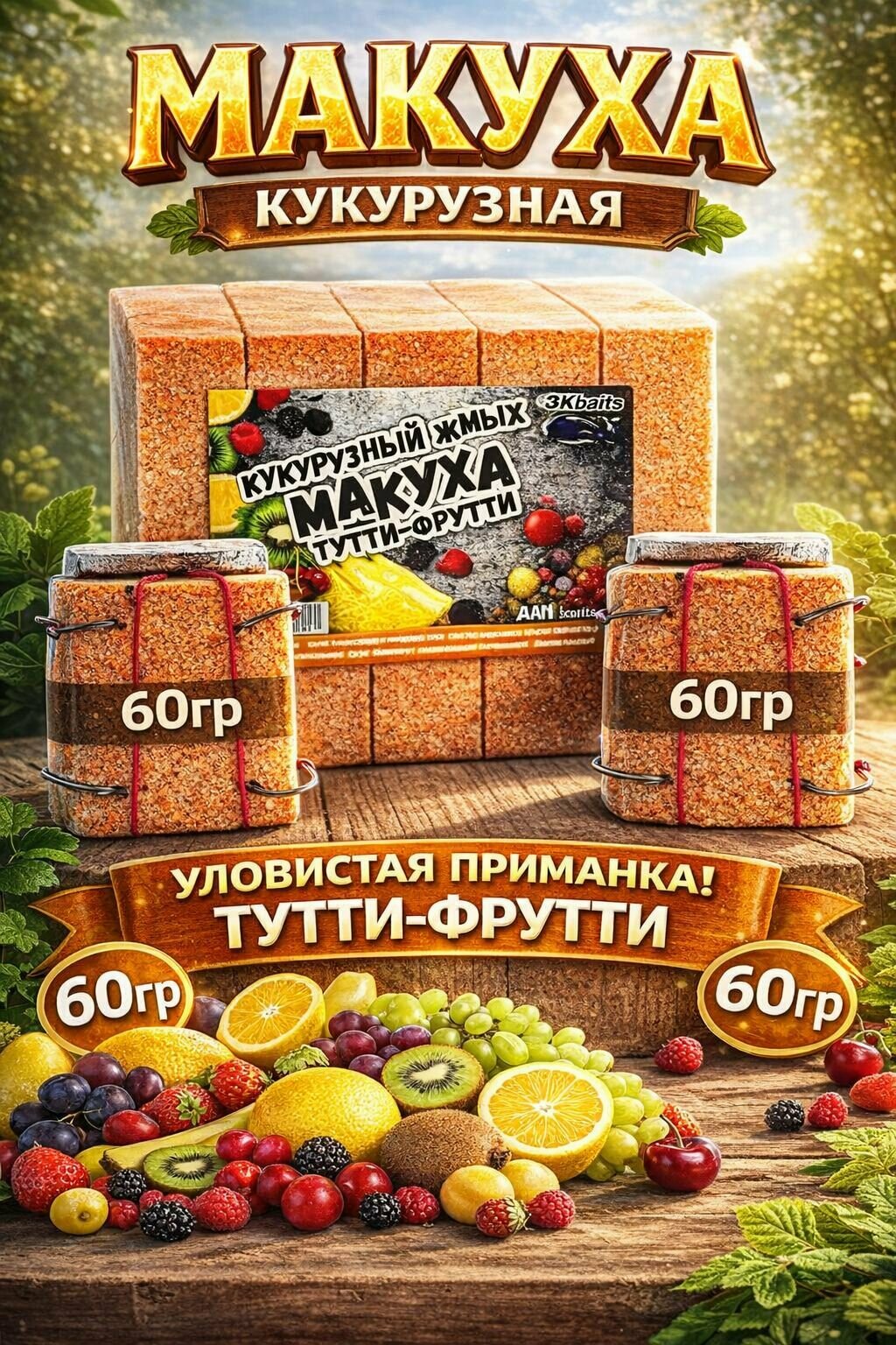 Макуха для рыбалки кукурузная "тутти-фрутти"2 жмыховки по 60 г, жмых прессованный для макушатника и донной ловли