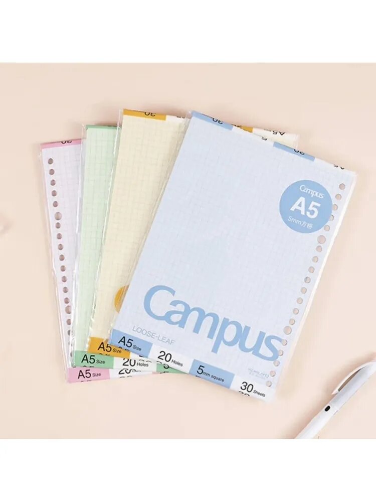Тетрадь KOKUYO Campus A5 формата, в клетку, 30 листов, 20 отверстий, для сменных блоков, розовый — фото 1