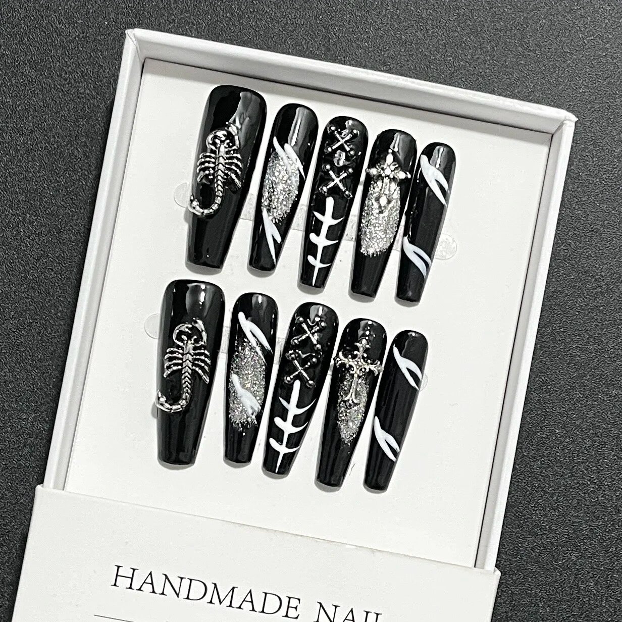 10 шт, черные накладные ногти "кошачий глаз", ручной работы M