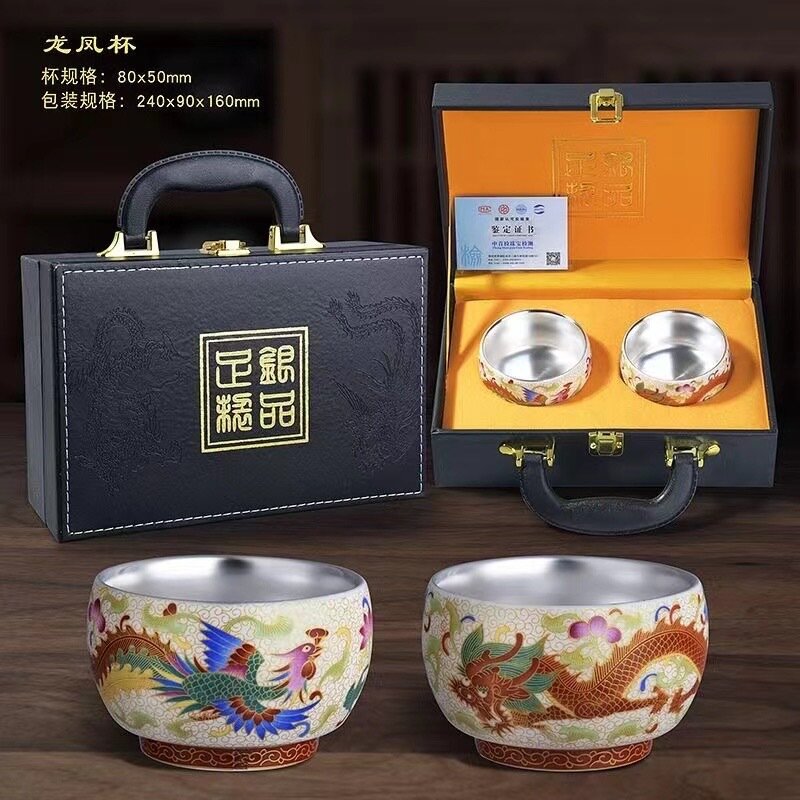 Позолоченная серебряная чашка для чая с изображением дракона и феникса, чашка для чая из серебра 999 пробы, серебряная чаша, керамическая чашка для хозяина, ручная роспись, креативный подарочный чайный набор.