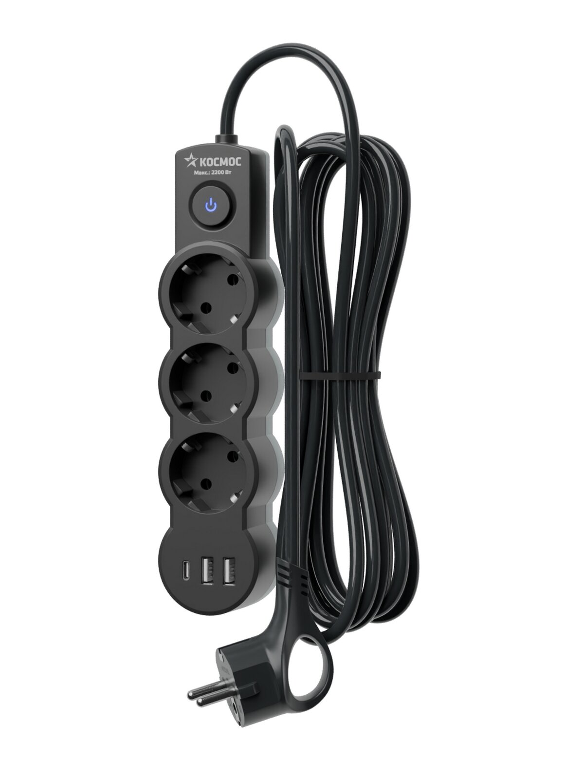 Удлинитель сетевой Космос, 5м, ПВС 3х1, 3 гнезда, заземление, IP20, выкл, USB, 220В 10А 2800Вт, черный