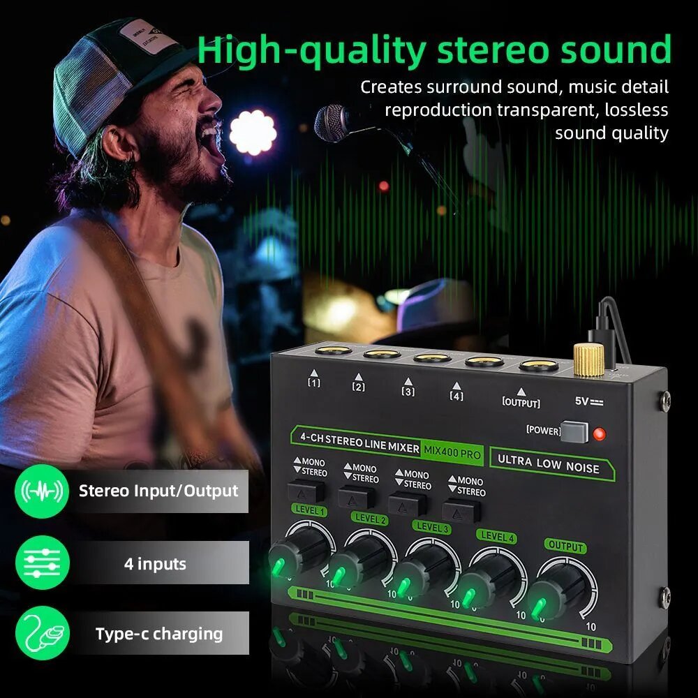 Мини-аудиомикшер 4-CH STEREO LINE MIXER MIX400 PRO, ультра низкий уровень шума — фото 1