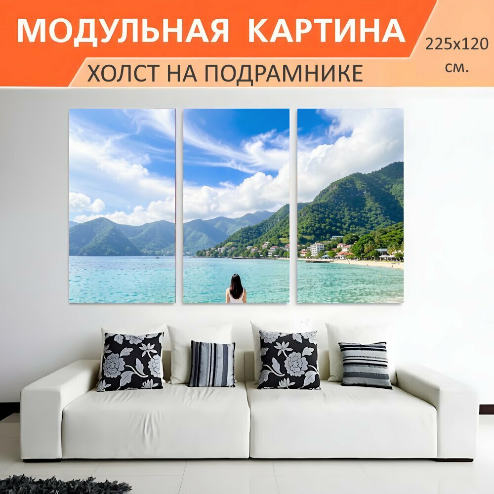 Модульная картина на холсте "Девушка у тропического моря. Панорамный морской берег с кристально чистой бирюзовой водой, зелёными." триптих на подрамнике 225х120 см. для интерьера