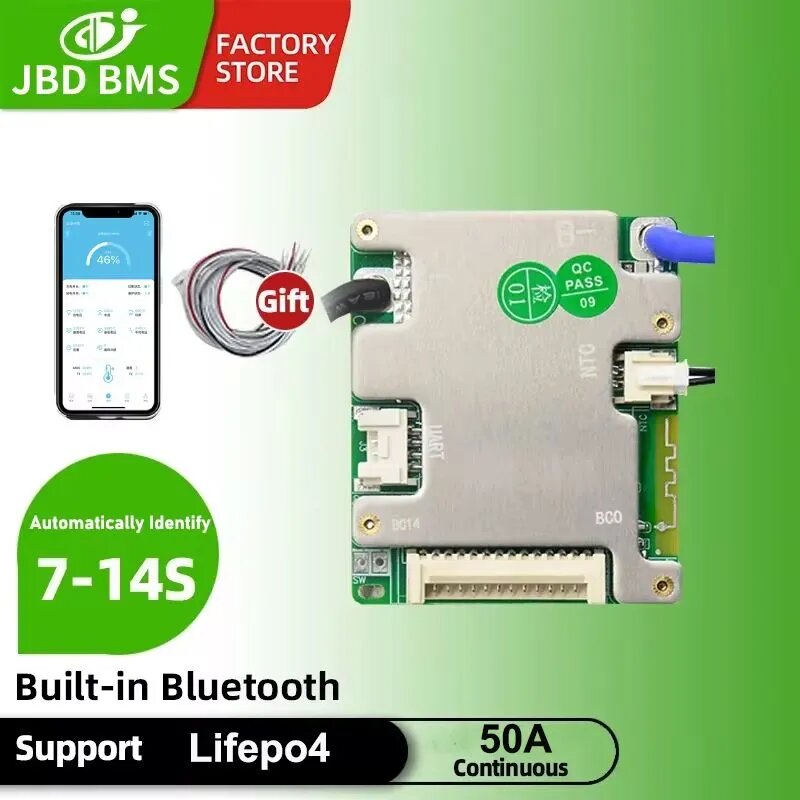( Lifepo4 50A) JBD BMS lifepo4 50A 7S 8S 9S 10S 11S 12S 13S 14S 24V 36V 48V Встроенный Bluetooth с функцией балансировки UART