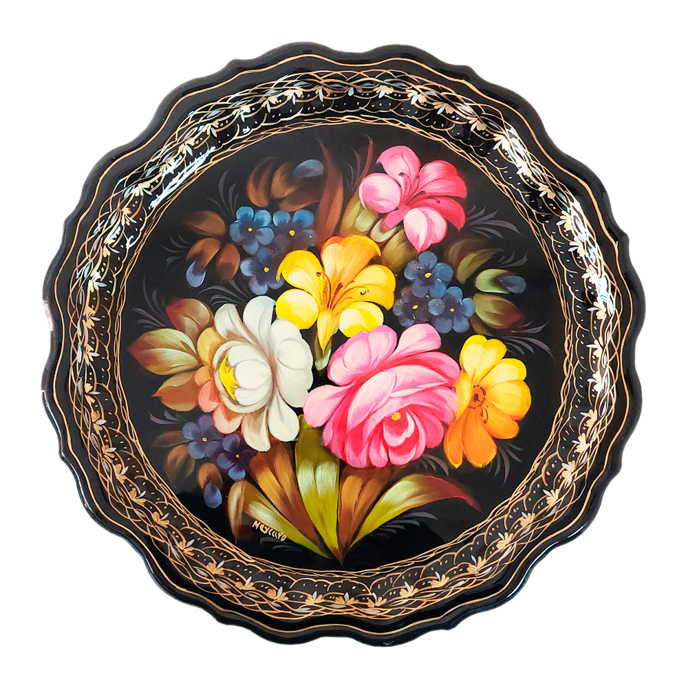 Поднос металлический, круглый "Блестящие пионы", жостово 37 см, (Ручная роспись)