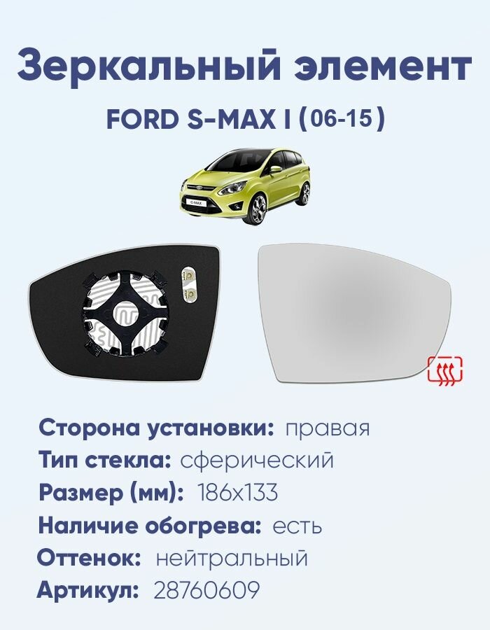 Зеркальный элемент правый FORD S-MAX I (06-15) сфера нейтральный с обогревом