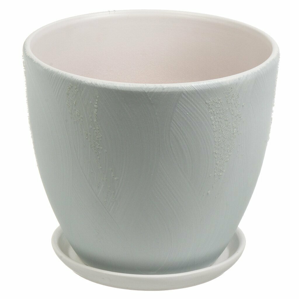 Керамический горшок для цветов Фрост №6, 8 литров, серо-голубой, овальный, напольный, с поддоном и дренажным отверстием