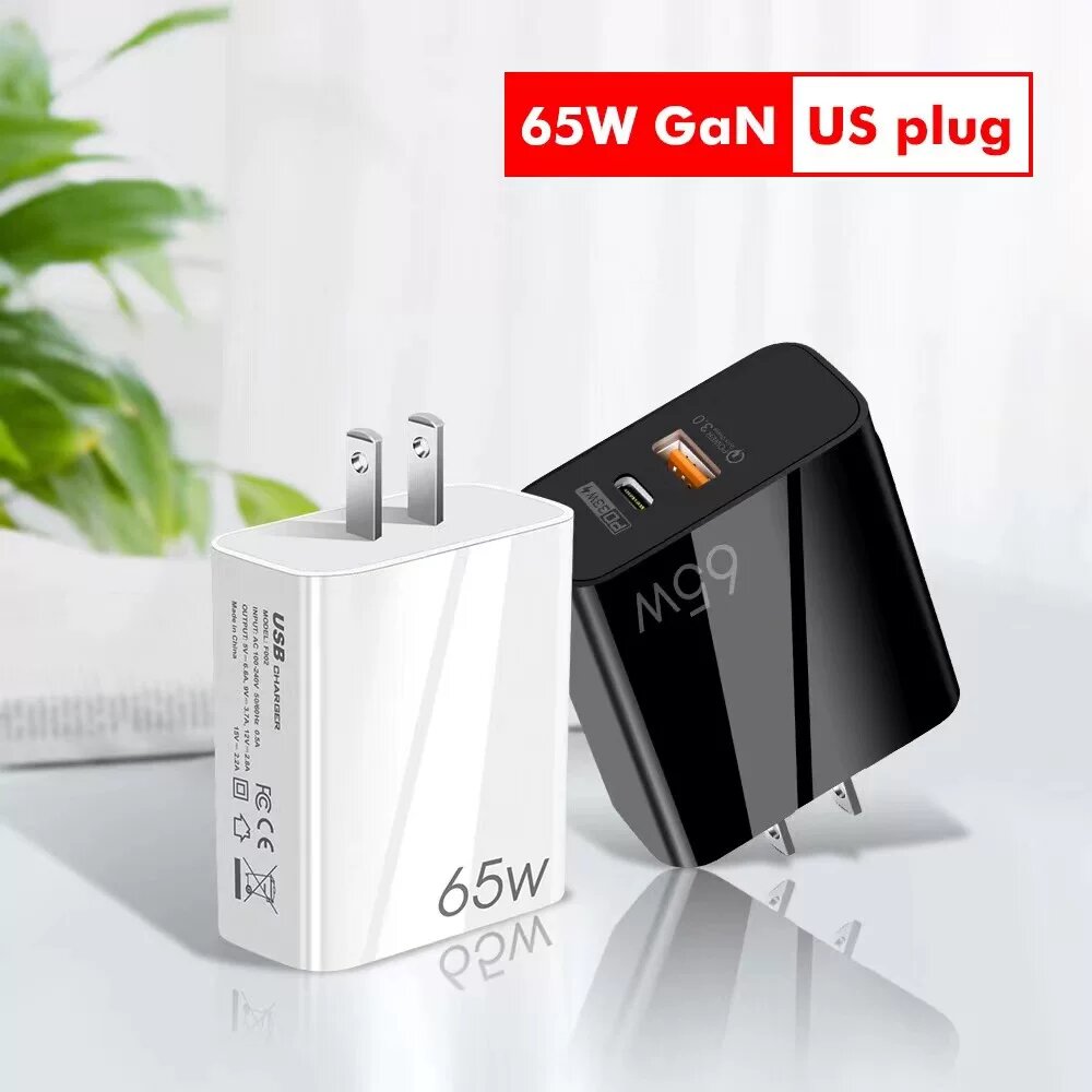 65 Вт GaN двухпортовый USB-C зарядное устройство с американской вилкой, черный цвет - быстрая зарядка для iPhone 15,