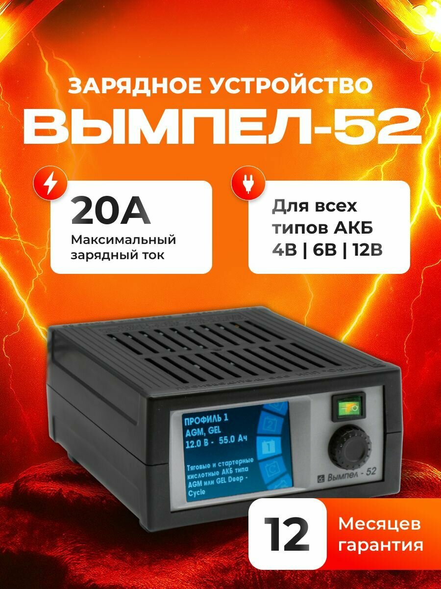Зарядное устройство 20A 12V автоматическое (амперметр) гелевые, AGM, EFB, WET Вымпел 52 (вымпел)