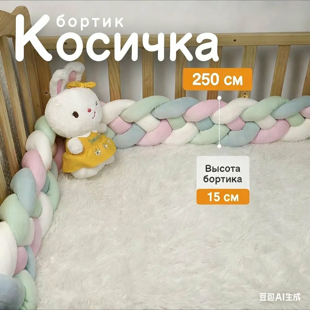 Детский бампер для кровати "INS Косы", 4-х strand плетение, мягкий, защитный, для новорожденных, в скандинавском стиле