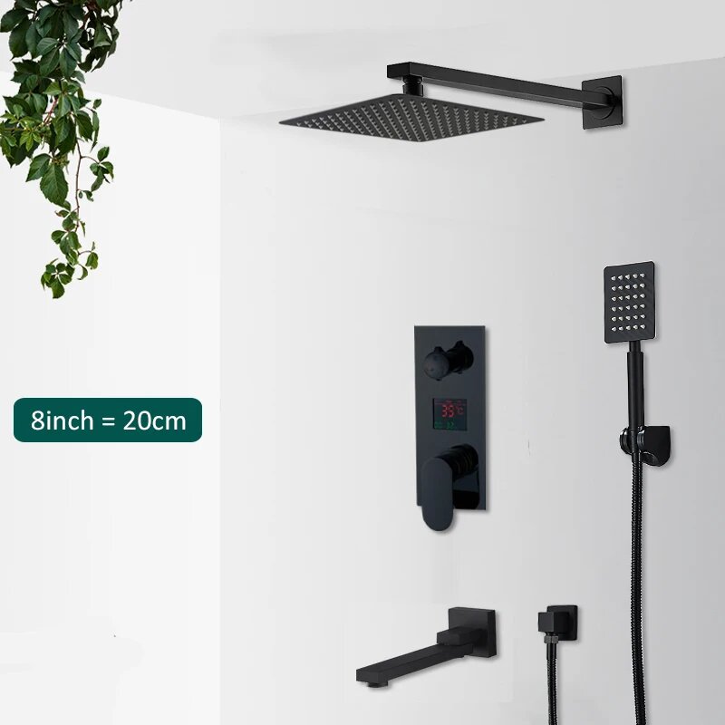 Матовый черный душевая смесительная кран с цифровым дисплеем LED, система для душа и ванны с дождевым и водопадным потоком, цифровой смеситель для душа и ванны с ЖК-дисплеем — 3-хходовой, 8-дюймовый поворотный