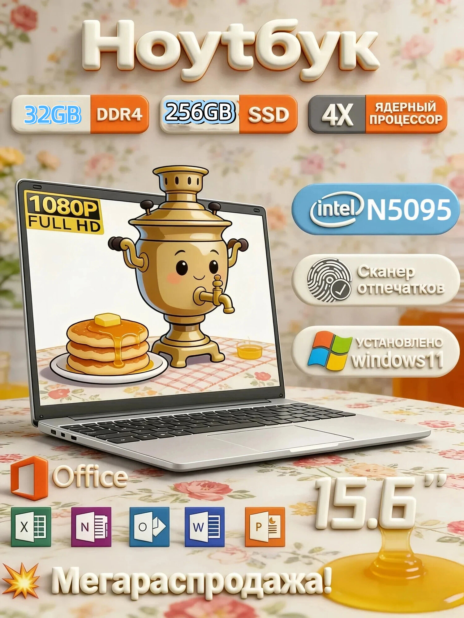Ноутбук 15,6 дюйма, Intel N5095,32 ГБ, SSD 256 ГБ, графические процессоры Intel UHD , Windows 11, русская клавиатура