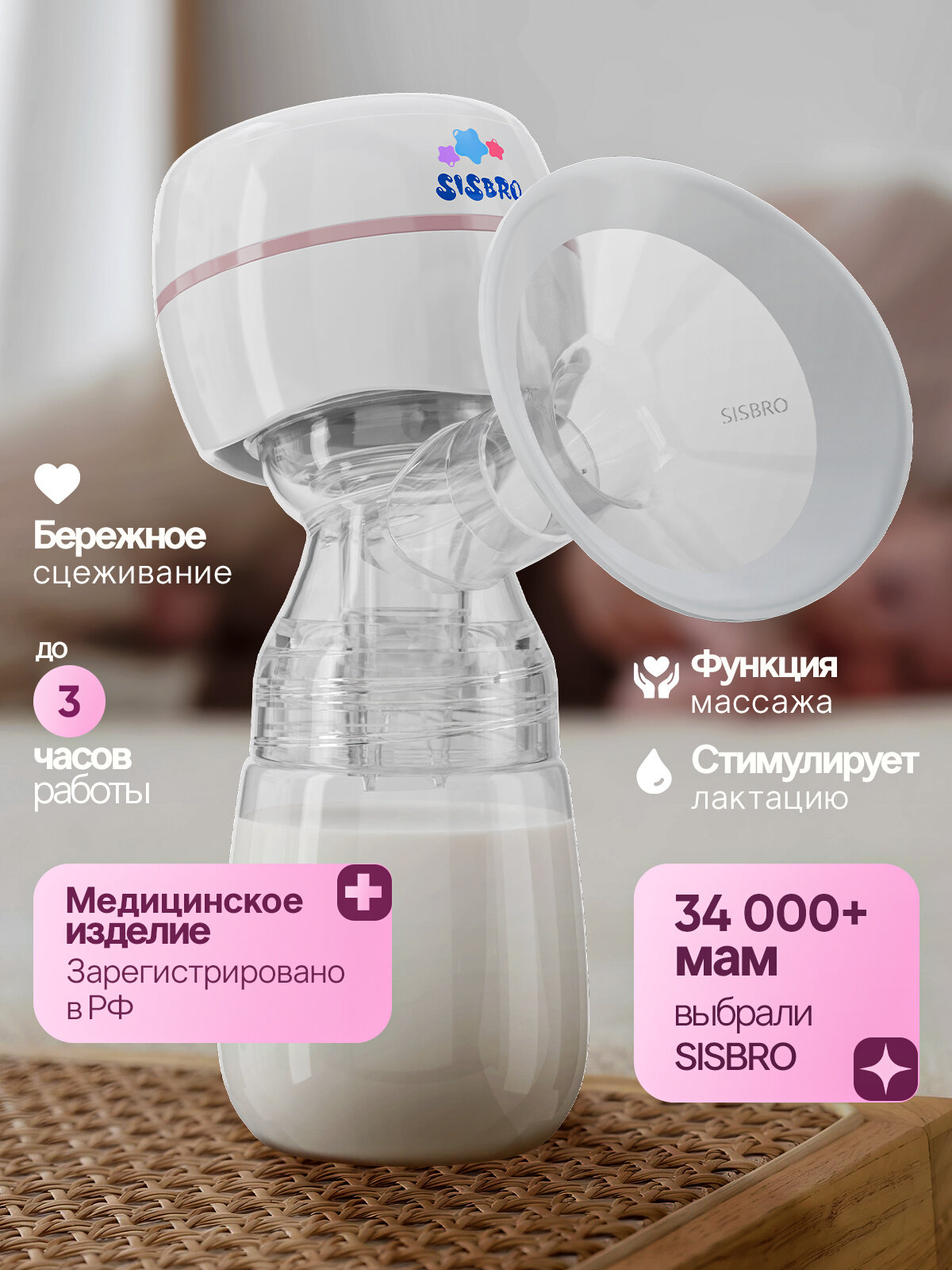 Молокоотсос электрический Sisbro, белый, 3 режима, USB-зарядка