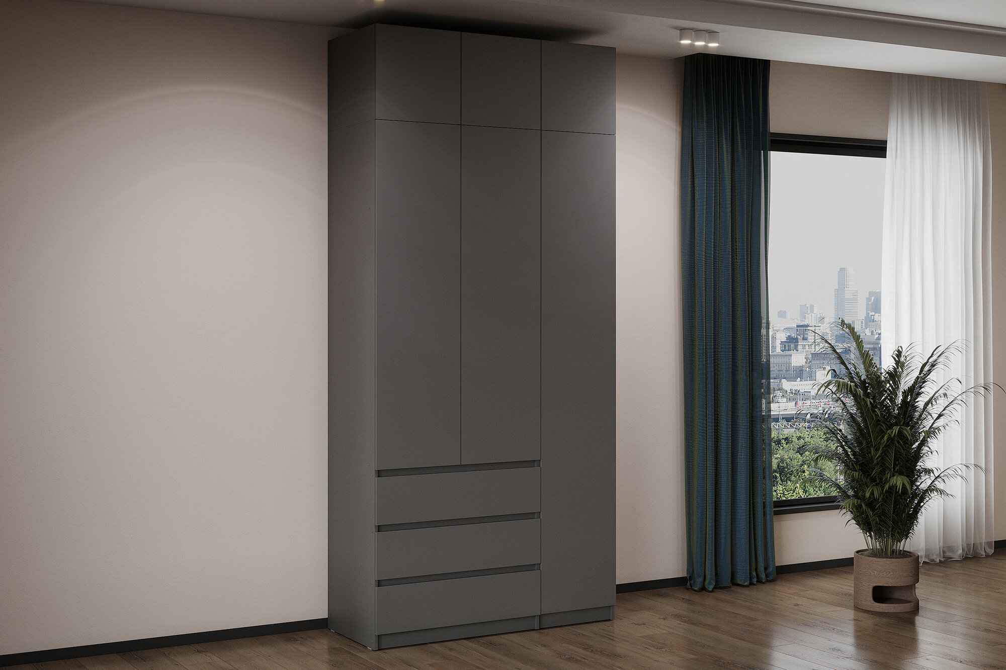 Шкаф для одежды Нонтон Грандис, 120x50x260 см, с антресолью, 3 ящика, графит