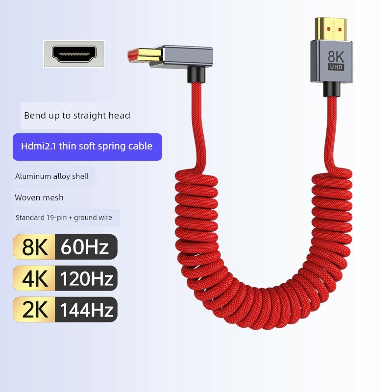 Версия 2.1 Микро HDMI в HDMI верхний изгиб кабель, 0.5 м, диаметр 3.6 мм, оплетка из спирального шнура, цвет красный