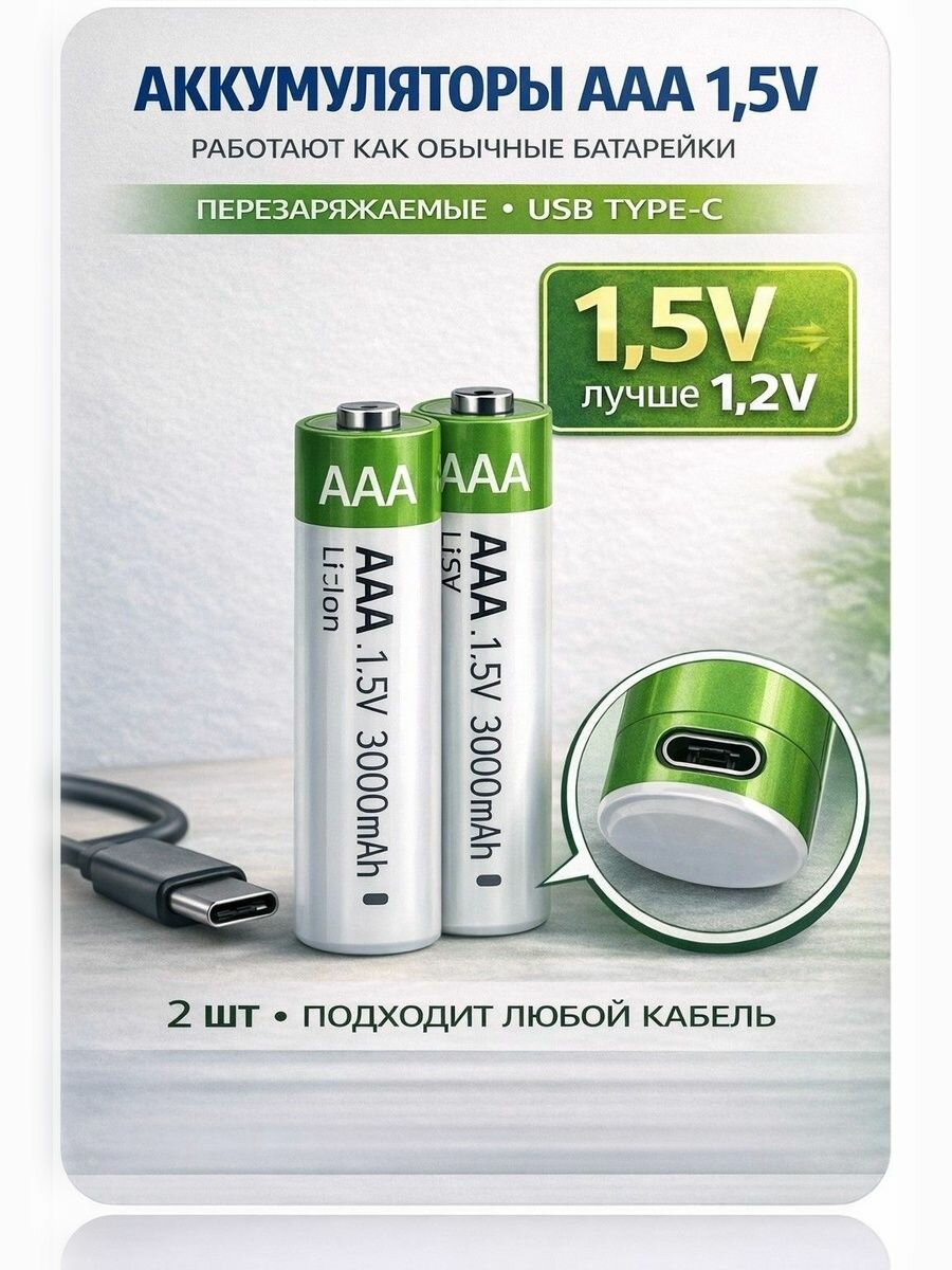 Аккумуляторы AAA 1.5V литиевые перезаряжаемые, 2 шт, батарейки мизинчиковые с зарядкой от USB Type-C, Li-ion