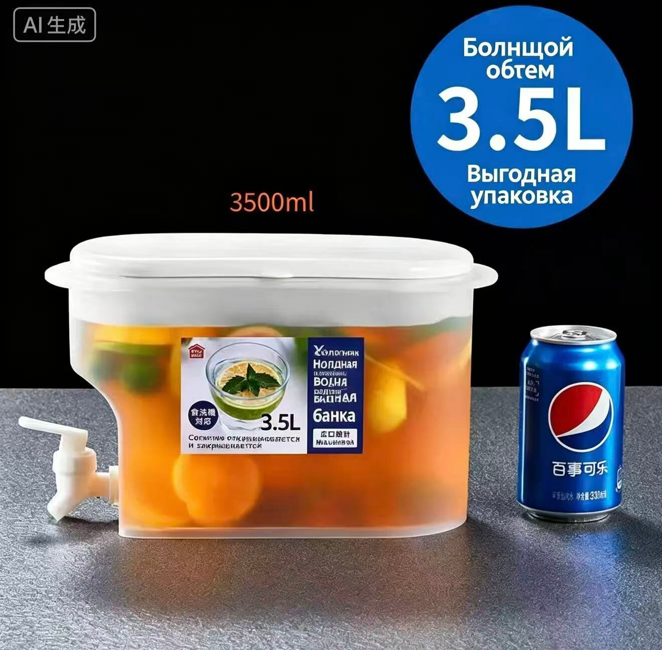 Диспенсер для напитков 3.5 л, с краном, для холодильника, контейнер для воды — фото 1
