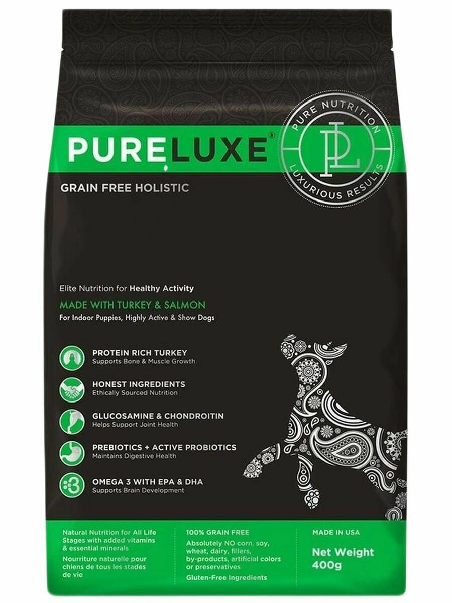 Сухой беззерновой корм PureLuxe Пурлюкс для активных собак с индейкой и лососем, 400г