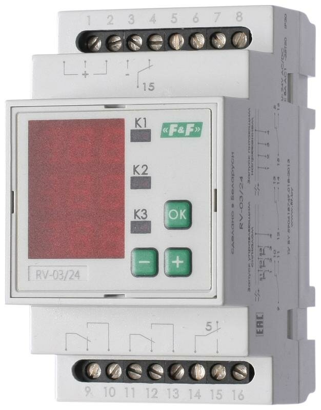 Реле времени RV-03/24 3х8А 24В AC/DC 3NO/NC IP20 многофункц. 3-х канал. 9 режимов работы с входами START диапазон выдержки времени 0с-99ч 59мин; 3мод. монтаж на DIN-рейке F&F EA02.001.028
