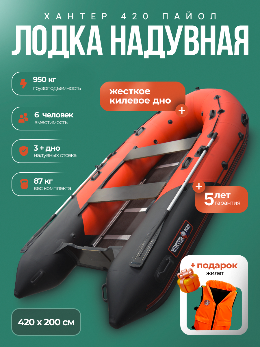 Лодка Хантер 420 - красн-черный / Лодка ПВХ надувная, Hunterboat