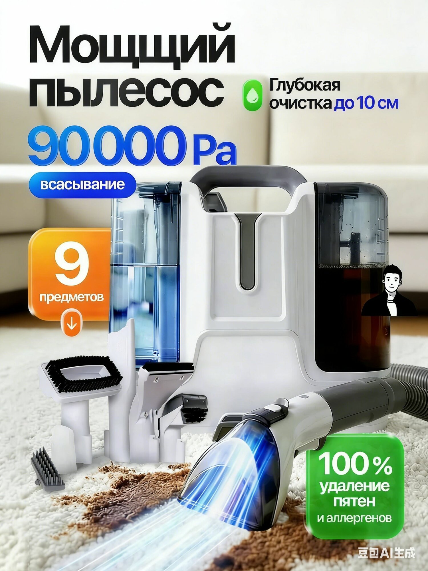 Моющий пылесос для химчистки мебели и ковров проводной