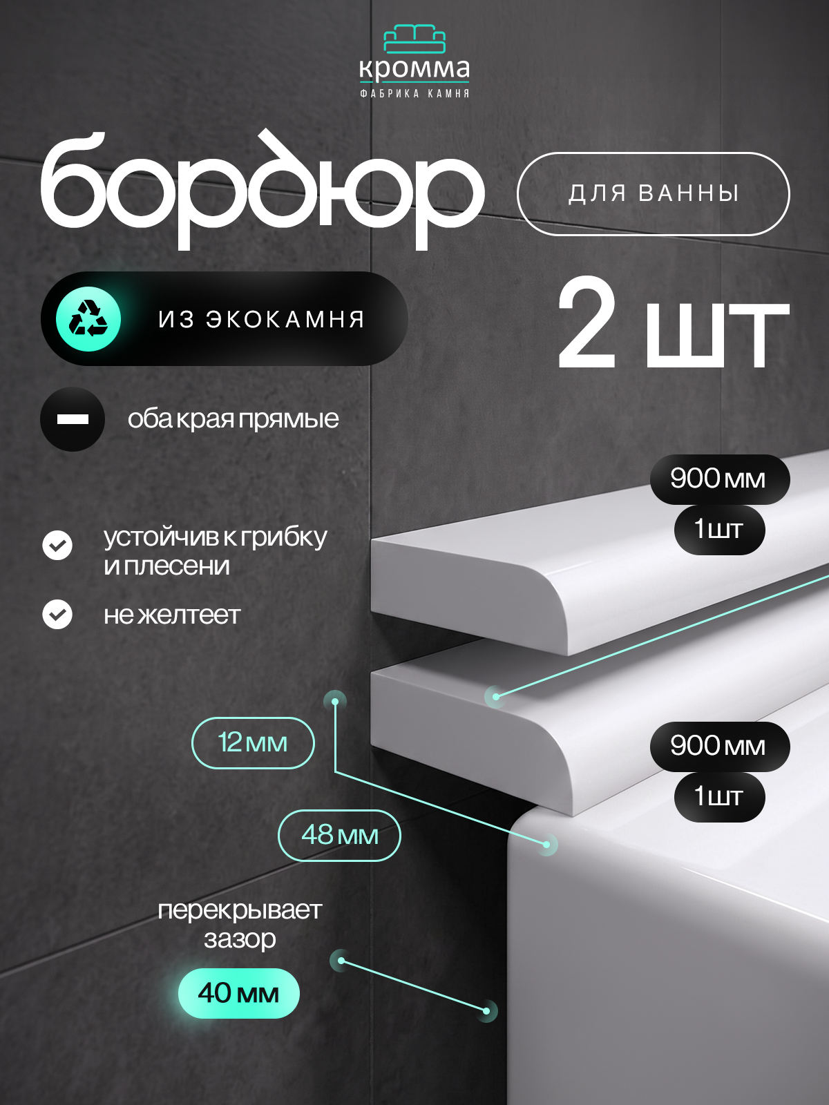 Акриловый бордюр плинтус для ванны 48/900 мм. белый цвет, глянцевая поверхность - 2 штуки в наборе