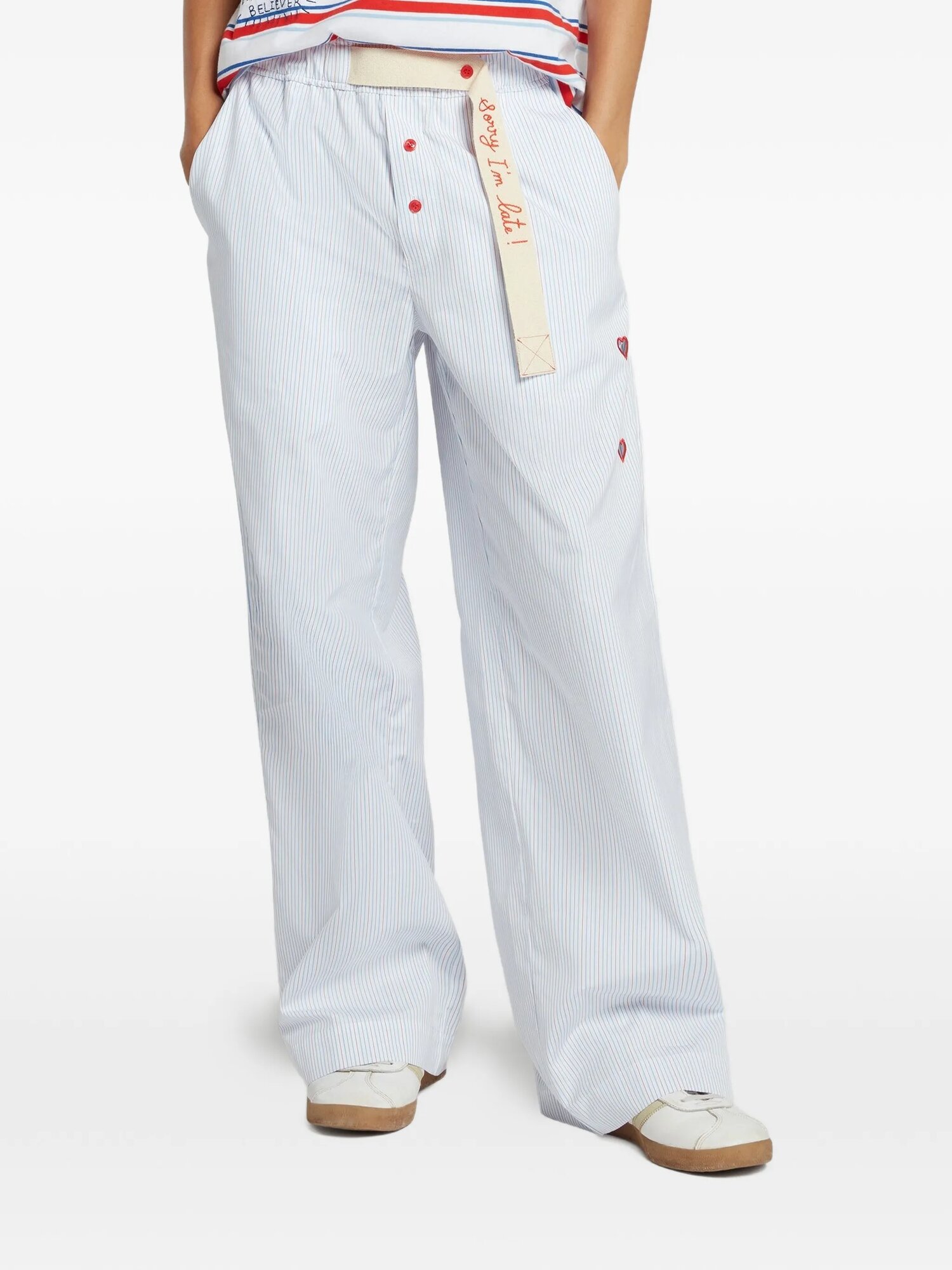 Брюки Mira Mikati Stripe-pattern embroidered-heart trousers, размер 38, бежевый/белый — фото 1