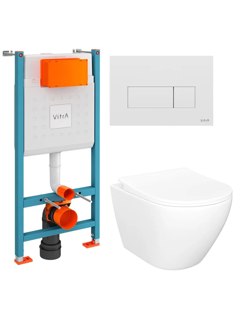 Комплект 4 в 1: Инсталляция VitrA Ви-Фикс Кор (V-Fix Core) 732-5800-01 / Унитаз подвесной STWORKI Кронборг S28401WH безободковый, с микролифтом / Кнопка Рут Скуэр (Root Square) 740-2300, глянцевая белая, Комплект креплений