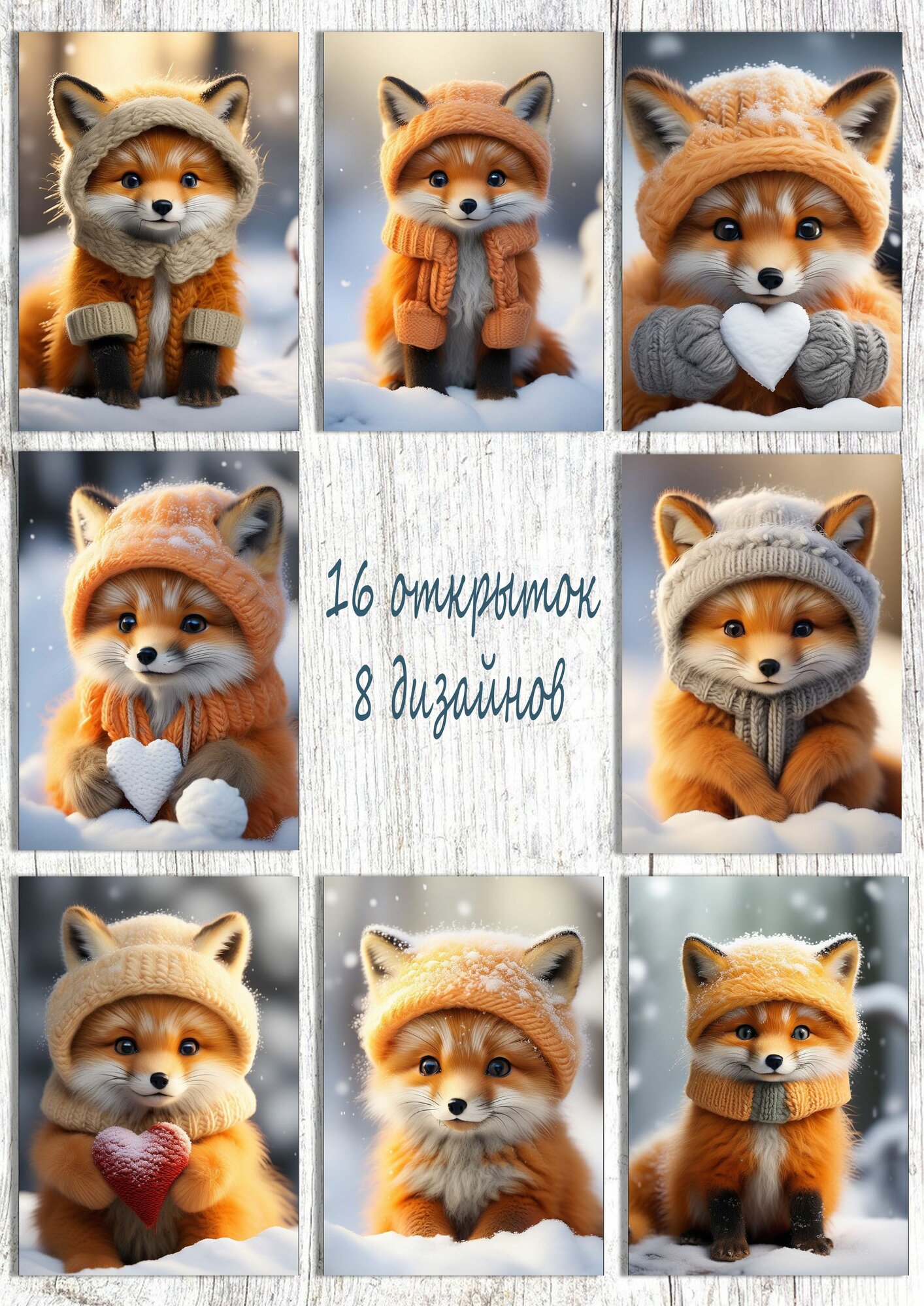 Открытки зимние лисички, 16 штук