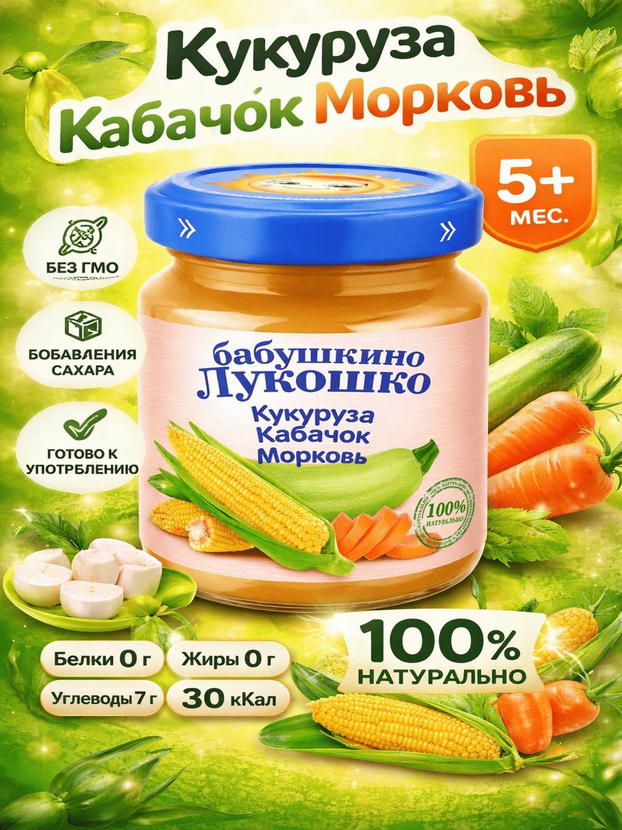 Пюре овощное детское Бабушкино Лукошко Кукуруза, кабачок и морковь с 5 месяцев, 100г