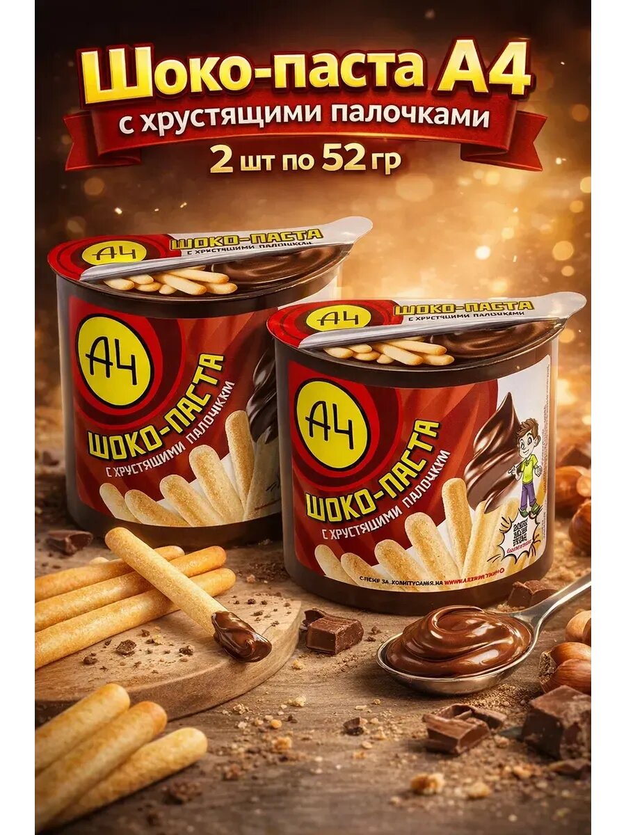 Шоко-паста 2 пачки по 52 гр набор "А4" с палочками