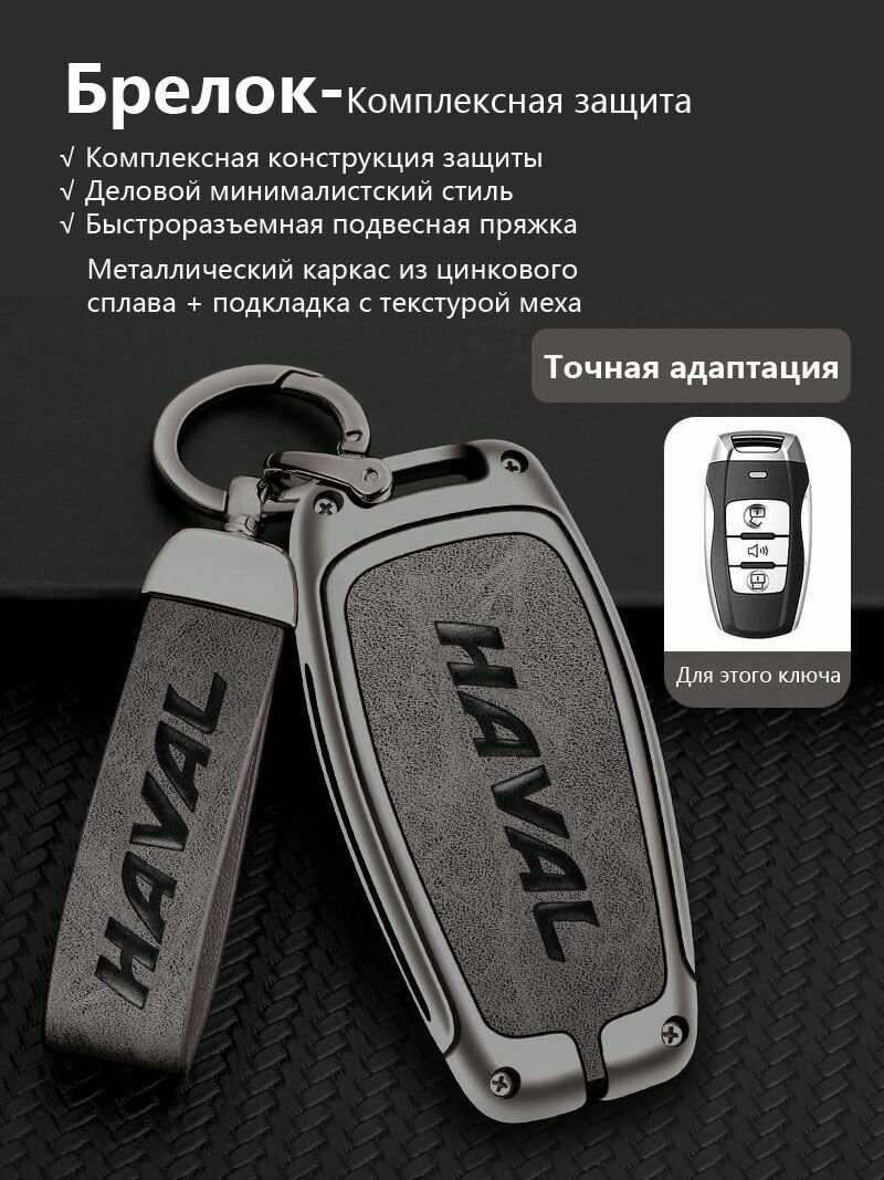 Чехол для ключа Haval (цинк+кожа+TPU, 3/4 кнопки) для Jolion, F7, H6, Dargo, с карабином