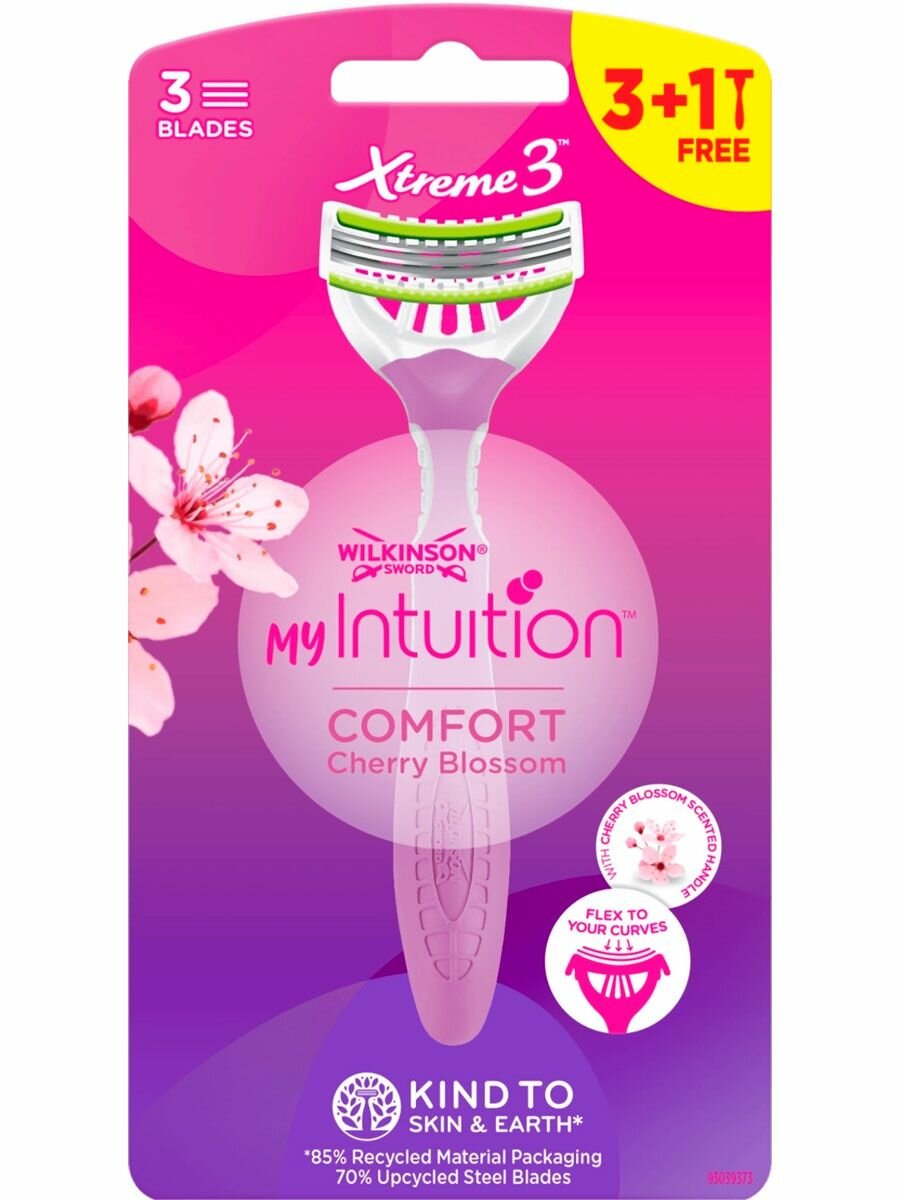 Wilkinson Sword Бритвы одноразовые Schick XTREME 3 Comfort MyIntuition (4 станка), женские, 3 лезвия, увл. полоска, плав. головка, прорезиненная ручка