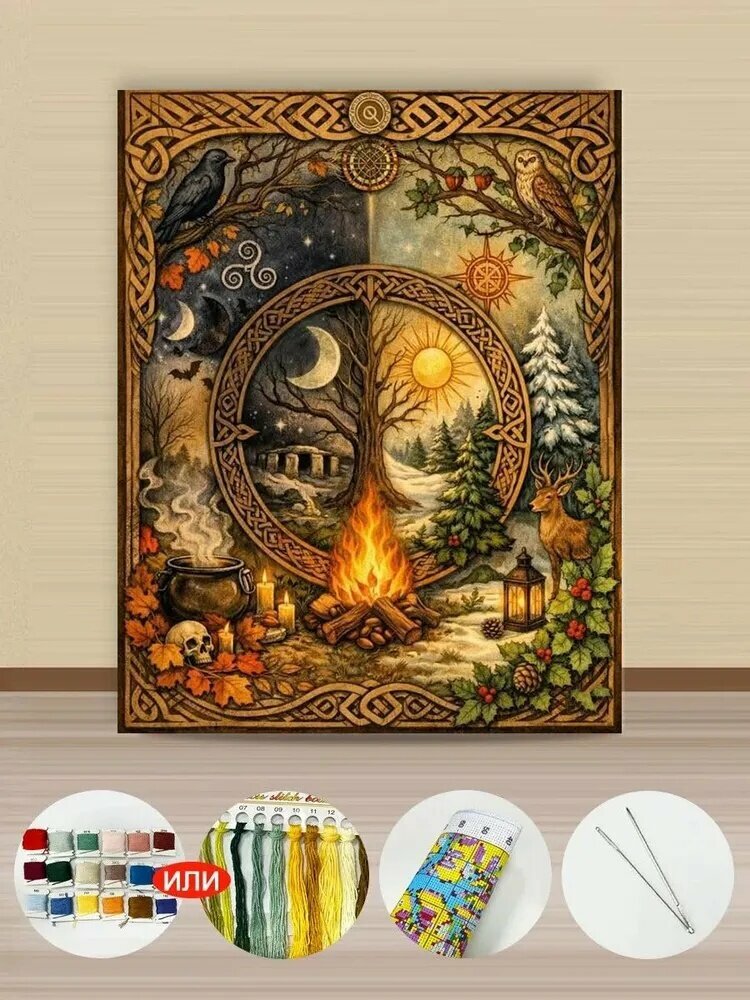 Набор для вышивания,30x40CM,14CT,40 цветов Набор для вышивки крестом Кельтский лесной костёр под солнцем и луной
