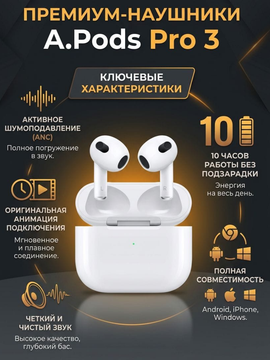 Беспроводные наушники A.Pods Pro 3+ чехол для AirPods в подарок!