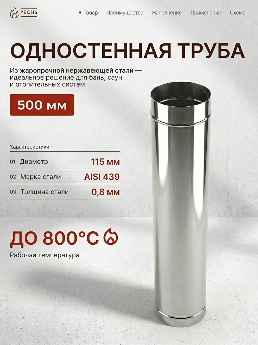 Труба для дымохода одностенная D115 мм, длина 0.5 метра, AISI 439, толщина стенки 0.8 мм