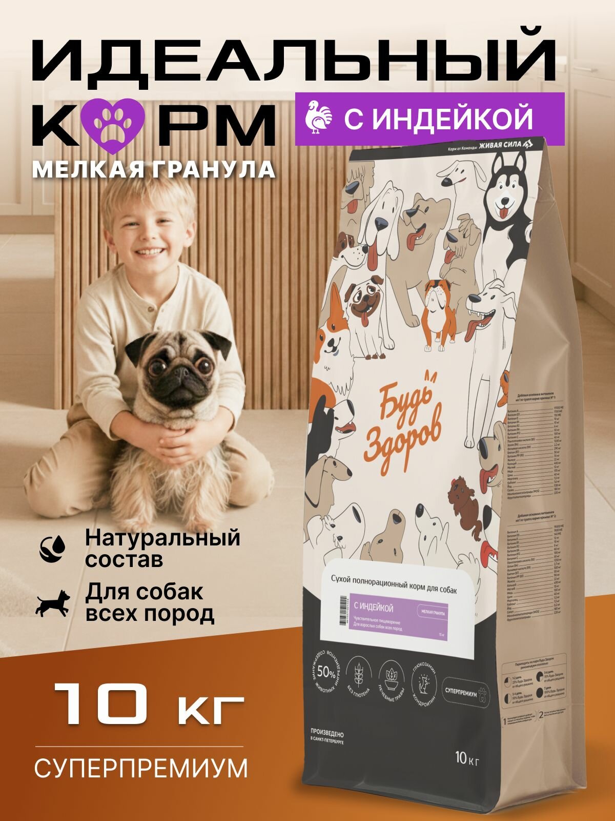 Будь Здоров. С индейкой. Мелк. гр. Сух. корм для пожилых, кастрированных, склонных к полноте собак. 10 кг