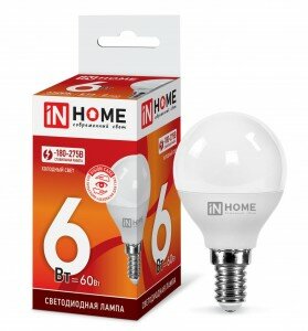 3штуки Лампа светодиодная InHome шар Р45 Е14 6Вт (570лм) 6500К 83x45 (без пульсации)