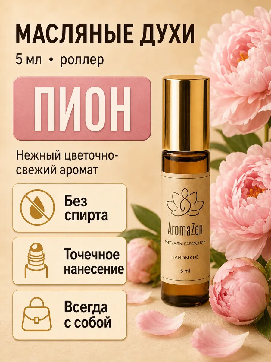 Масляные духи роллер "Пион и мимоза", женские, без спирта, шариковые, мл