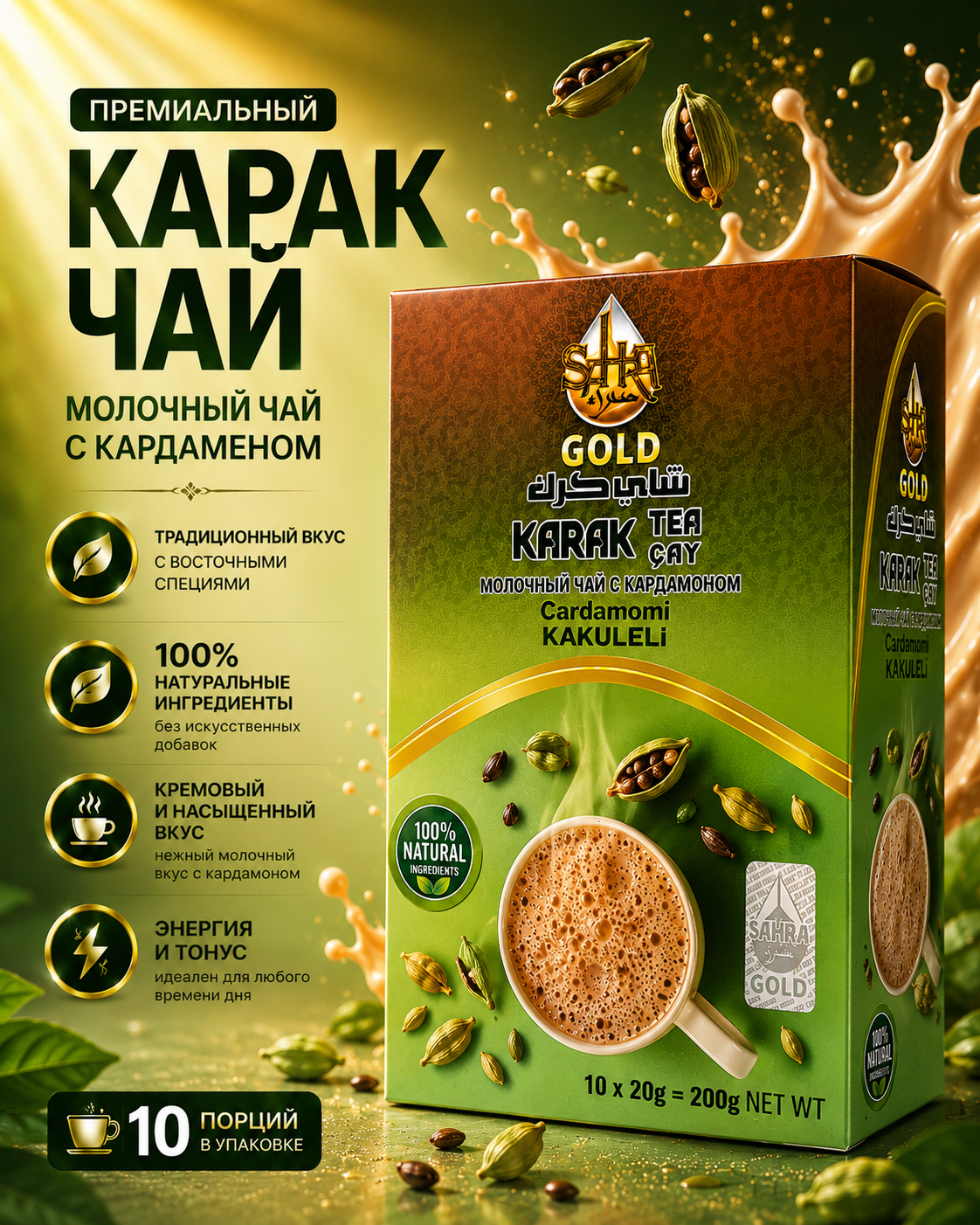 Карак чай с кардамоном — согревающий напиток для бодрости и здоровья 10 пакетов