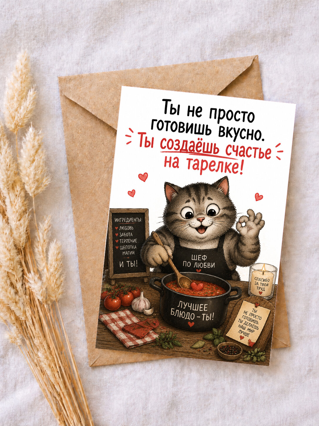 Открытка «Ты создаёшь счастье» 10×15 см с конвертом — милая открытка с котиком-поваром, подарок маме, девушке